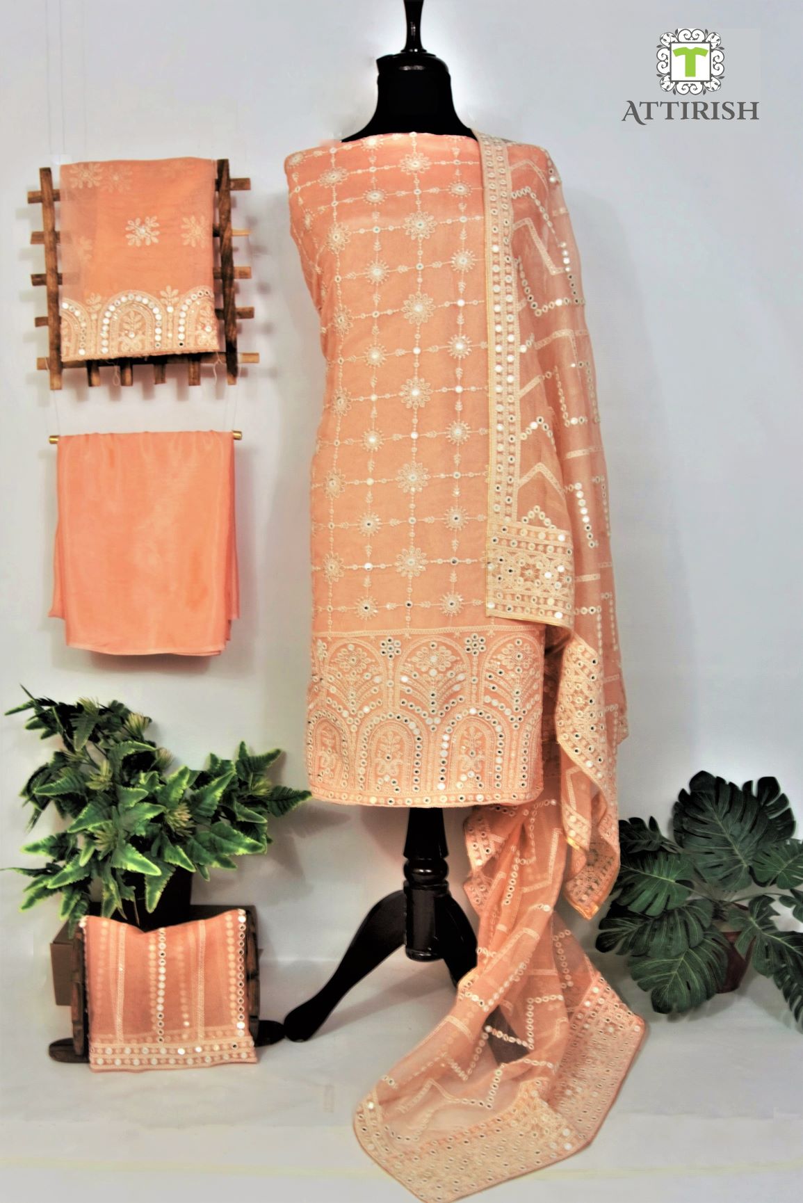 3PC Cotton Net Suits Embellished With Mirror Work-CNSHL0626 - ATTIRISH ...